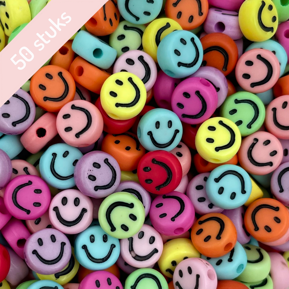 50 stuks Smiley kralen verschillende kleuren met zwarte smiley - Kralen&Co